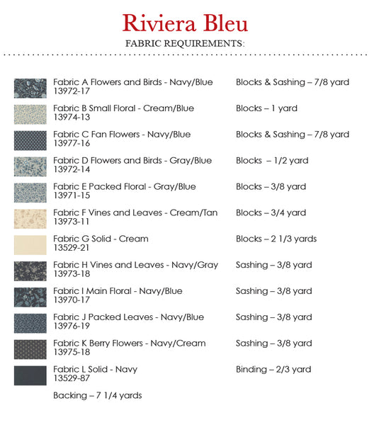 Sacre Bleu - Riviera Bleu Quilt Pattern Instructions – FRENCH GENERAL